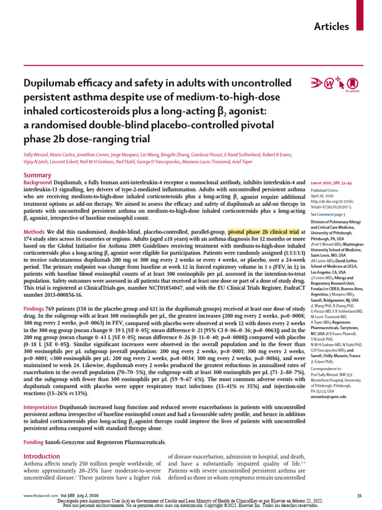 Dupilumab for Uncontrolled Asthma: Efficacy & Safety | PDF | Health ...
