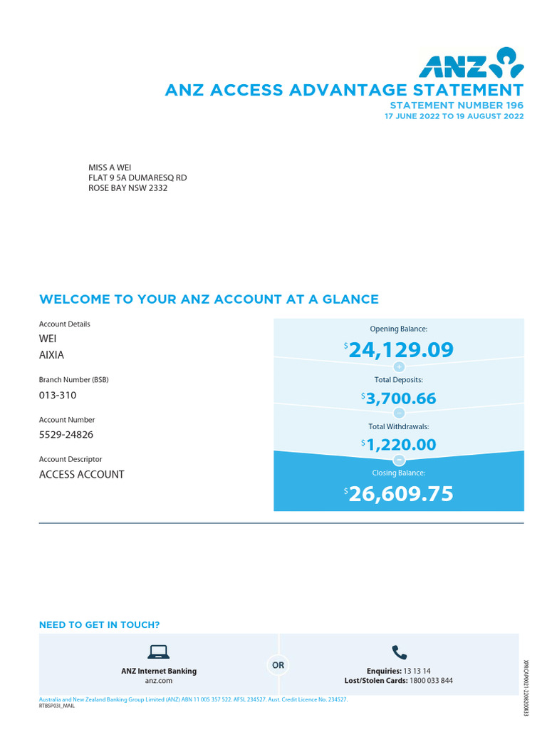 Anz Access Advantage Statement: Welcome To Your Anz Account at A Glance ...