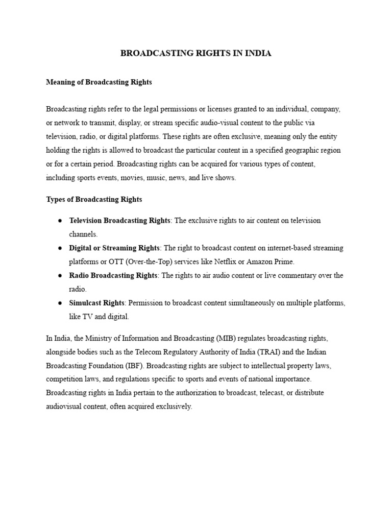 Broadcasting Rights in India | PDF | Copyright | Intellectual Property