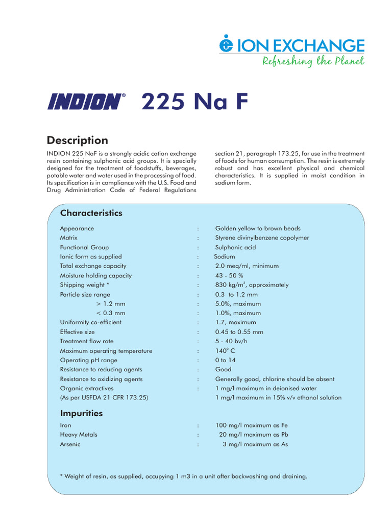 INDION 225 NaF Cation Exchange Resin | PDF | Sodium | Chemical Substances