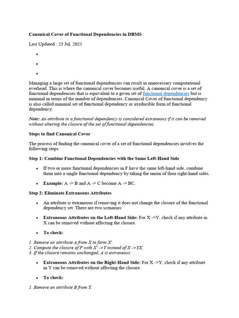 Canonical Cover of Functional Dependencies in DBMS | PDF | Information Technology Management | Data
