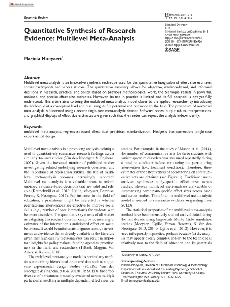 Quantitative Synthesis of Research Evidence - Multilevel Meta-Analysis | PDF | Meta Analysis ...