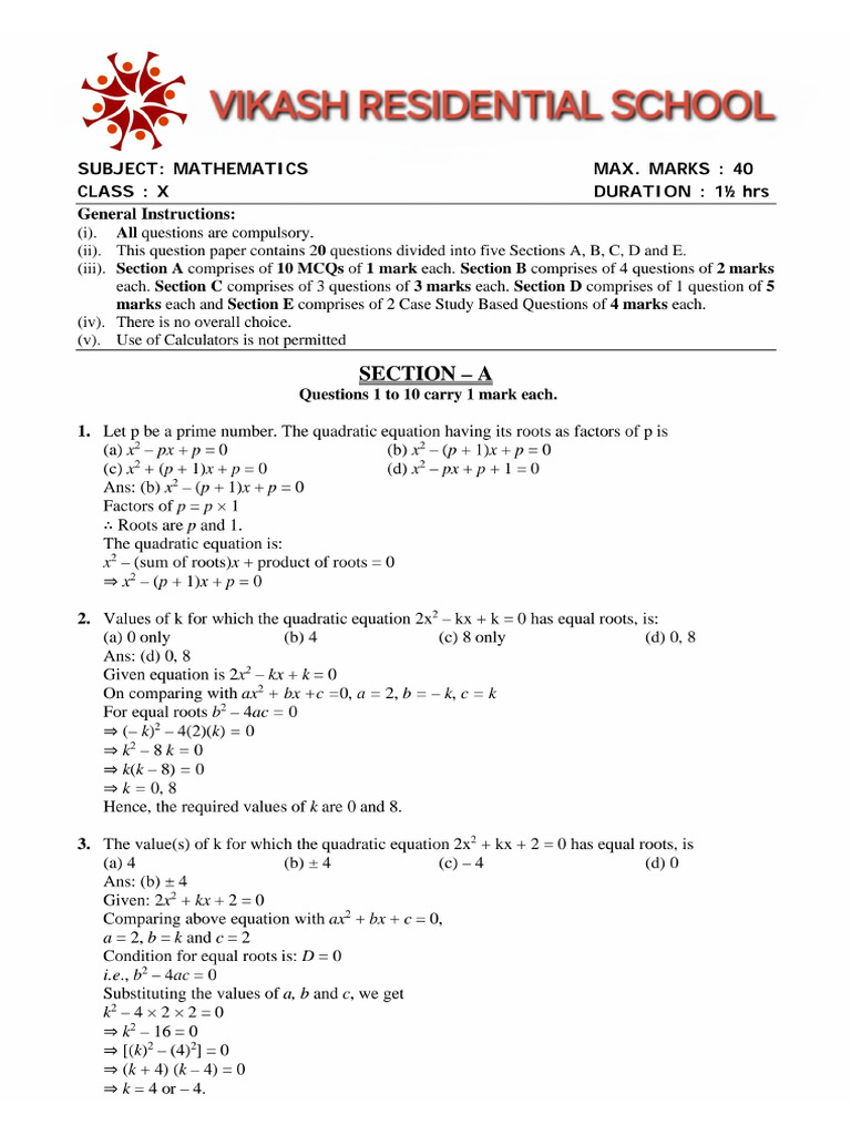 Maths Class X Chapter 04 Quadratic Equations Practice Paper 04 | PDF