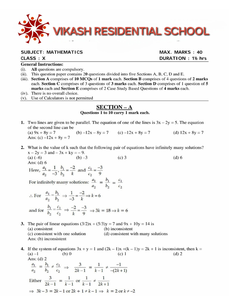 Maths Class X Chapter 03 Linear Equations in Two Variables Practice ...