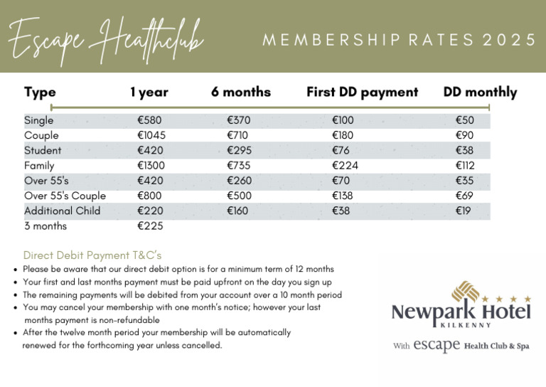 Escape Healthclub Membership Rates 2025 | PDF