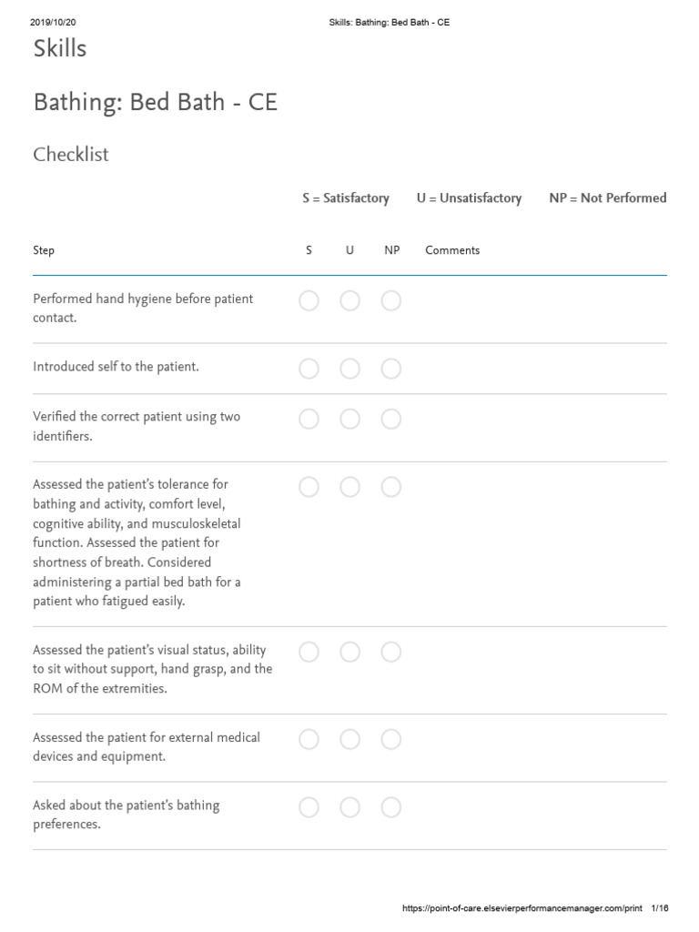 Bed Bath Skills Checklist for Caregivers | PDF | Hygiene