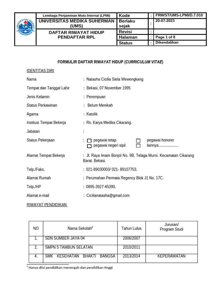 Form No d.7.010 Formulir Daftar Riwayat Hidup | PDF