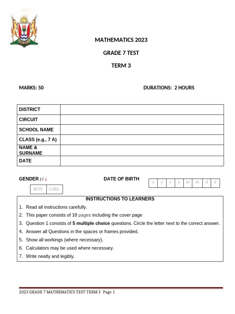 Grade 7 Mathematics Term 3 Test | PDF | Shape | Circle
