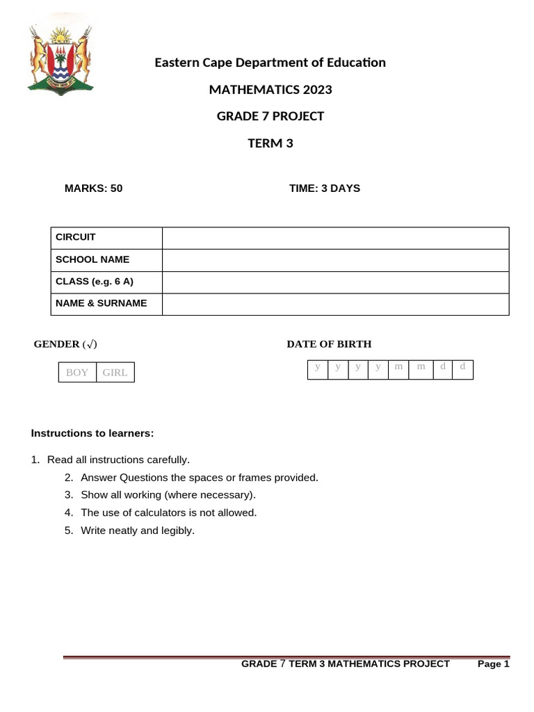 Grade 7 Mathematics Project Term 3 2023 | PDF | Line (Geometry ...