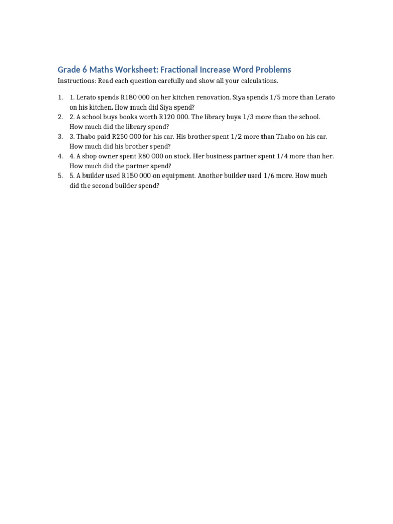 Fractional Increase Word Problems Grade6 | PDF