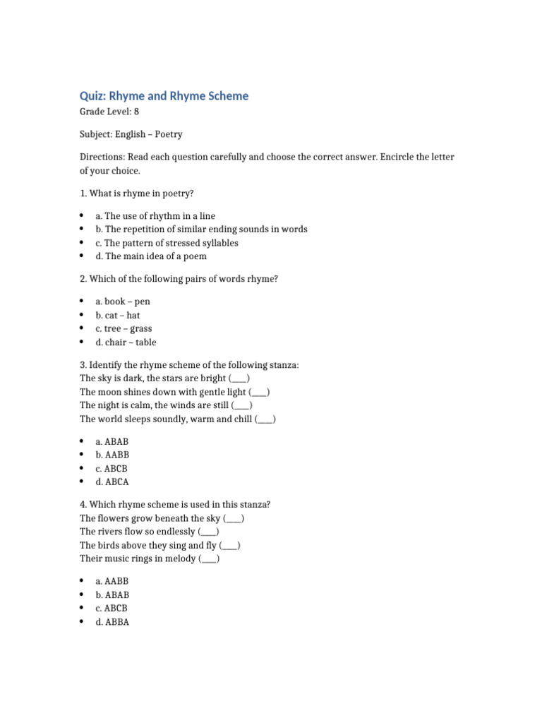 Rhyme and Rhyme Scheme Quiz Grade8 | PDF