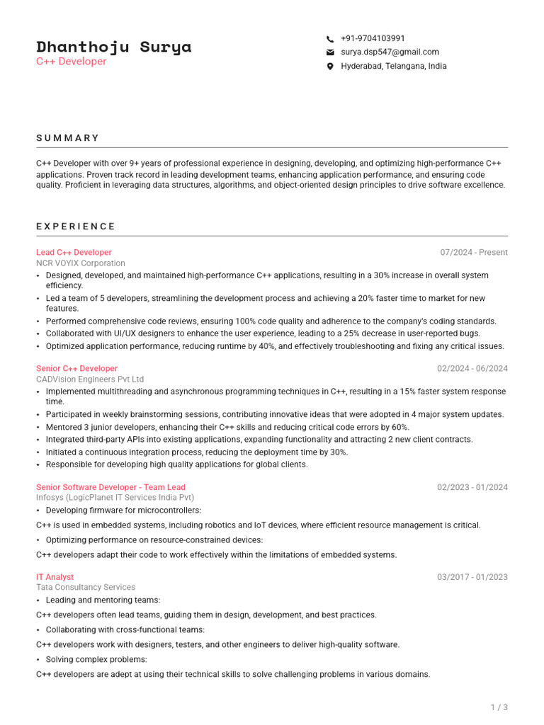 Dhanthoju Surya - C++ Developer 9+ Yrs - Resume | PDF | C++ | Software Development