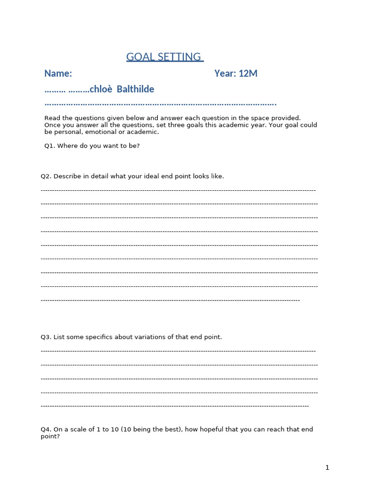 Goal Setting Student Work Sheet | PDF