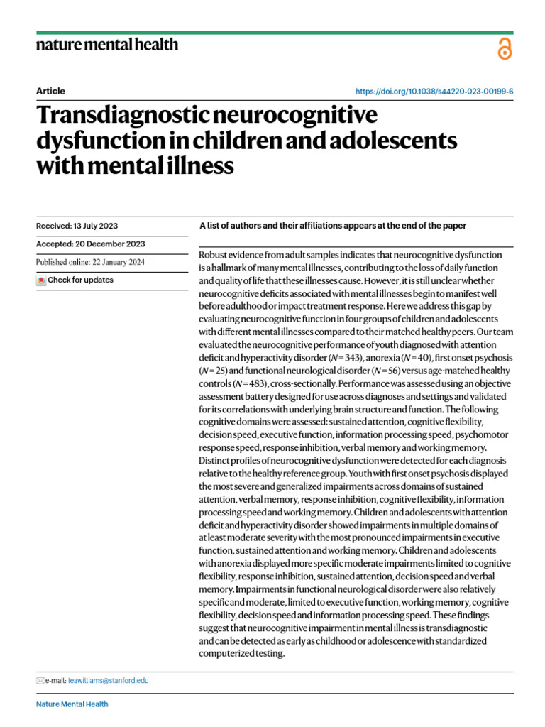 Transdiagnostic Neurocognitive Dysfunction in Chil | PDF | Mental ...