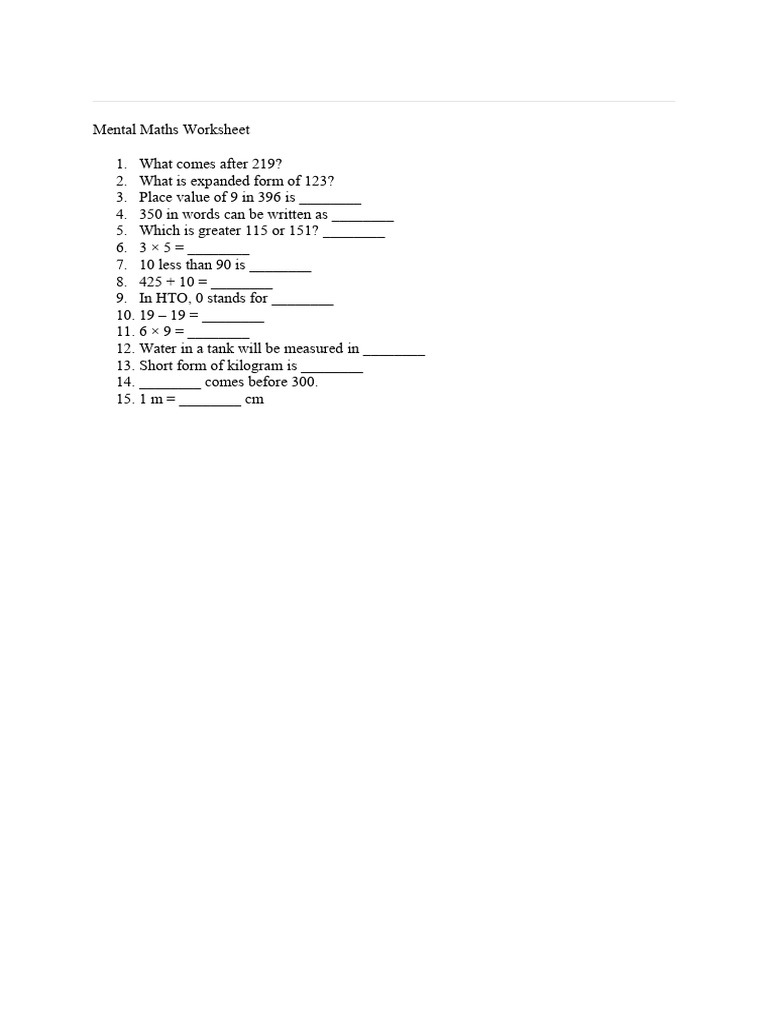 Mental Maths Worksheet | PDF