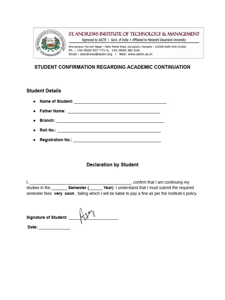 Student Confirmation for Academic Continuation | PDF