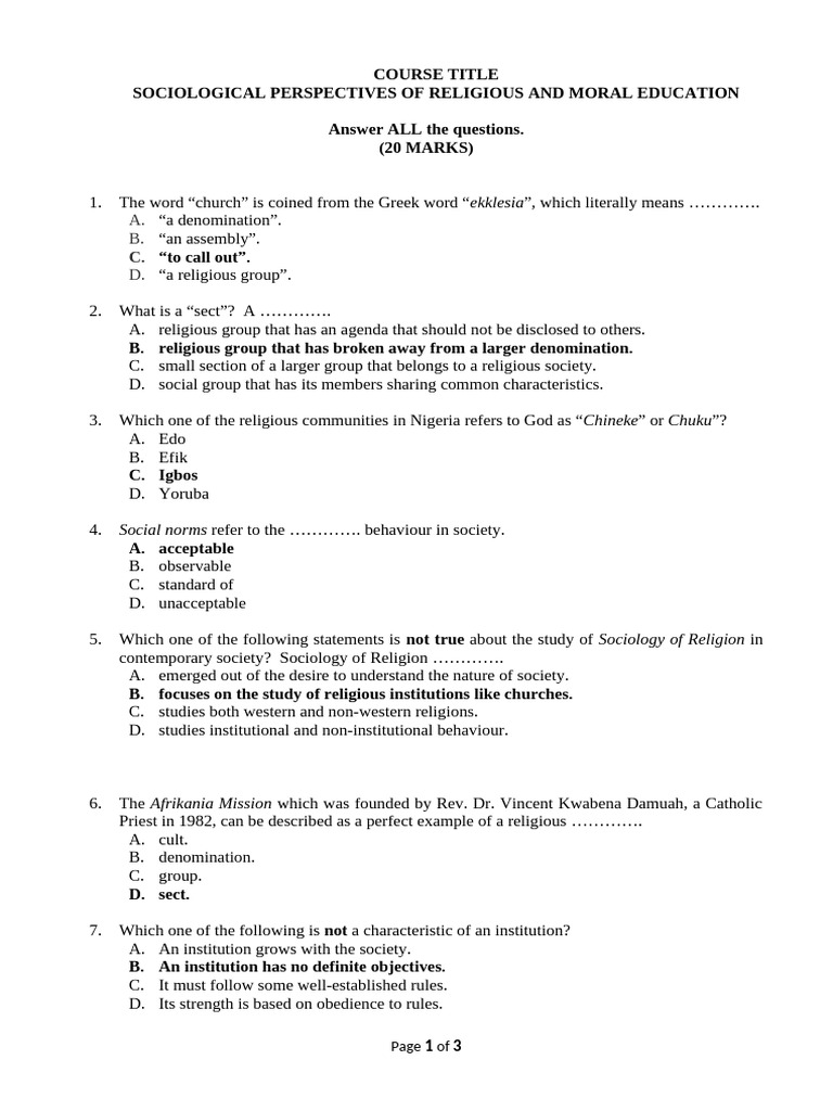 Ebs 279sw Socio. Perspectives of Rme Past Question and Its Marking ...