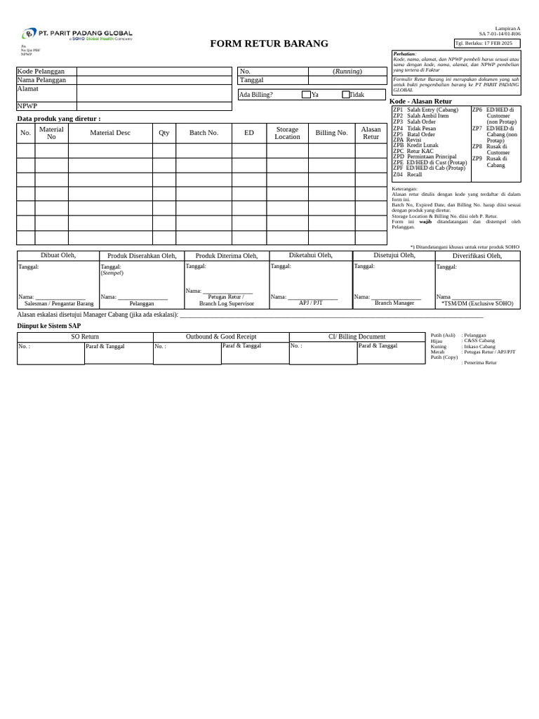 Form Retur Barang (5 Rangkap), Lamp A | PDF