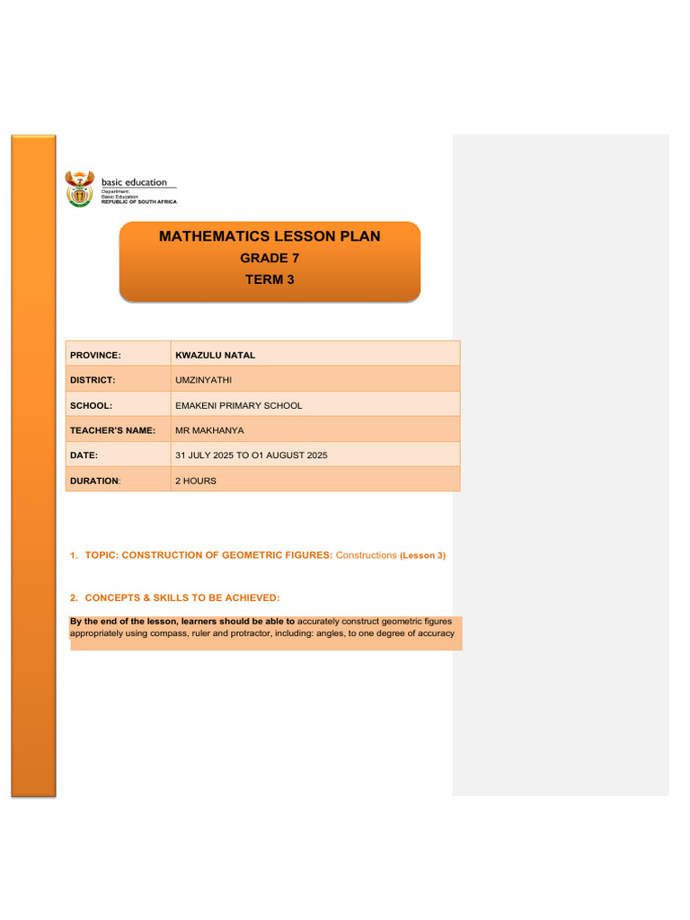 Grade 7 Term 1 Construction of Geometric Figures Lesson 3 | PDF | Angle ...
