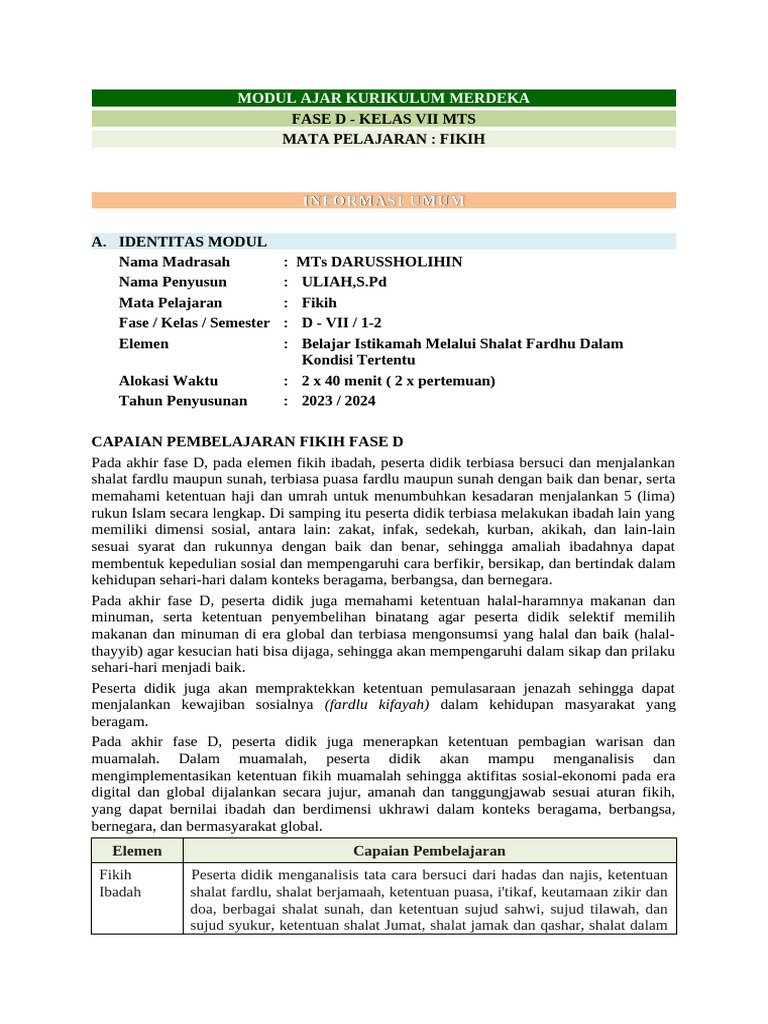 Modul Ajar Fikih Kelas 7 Bab 8 | PDF