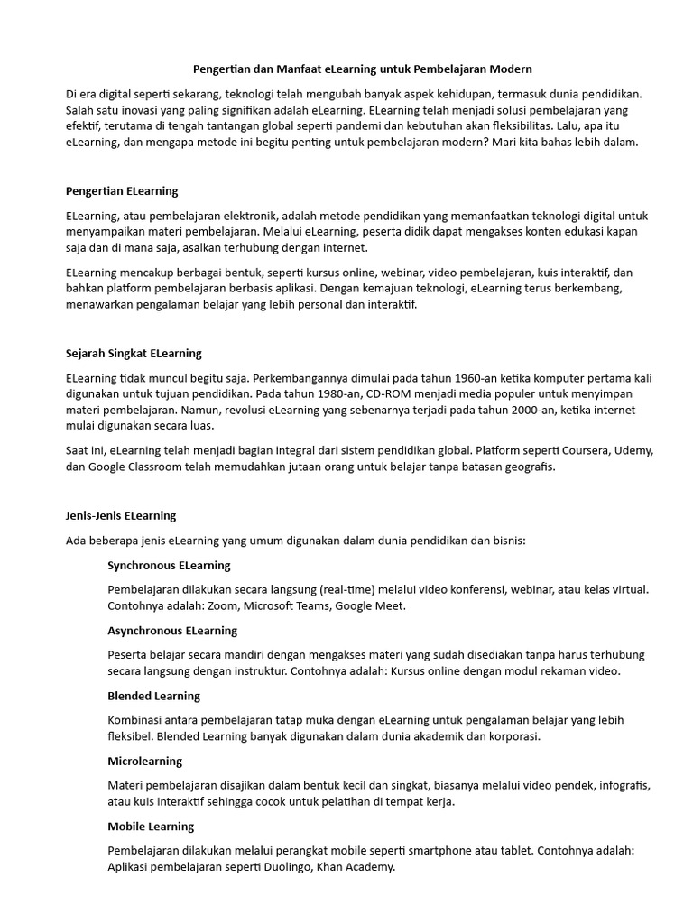 02 Pengertian Dan Manfaat ELearning Untuk Pembelajaran Modern | PDF