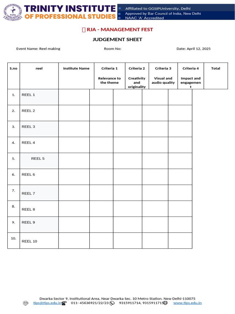 REEL MAKING Judgement Sheet With Names | PDF