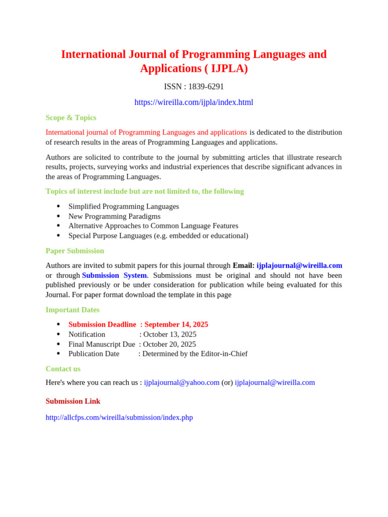Call For Papers - International Journal of Programming Languages and ...