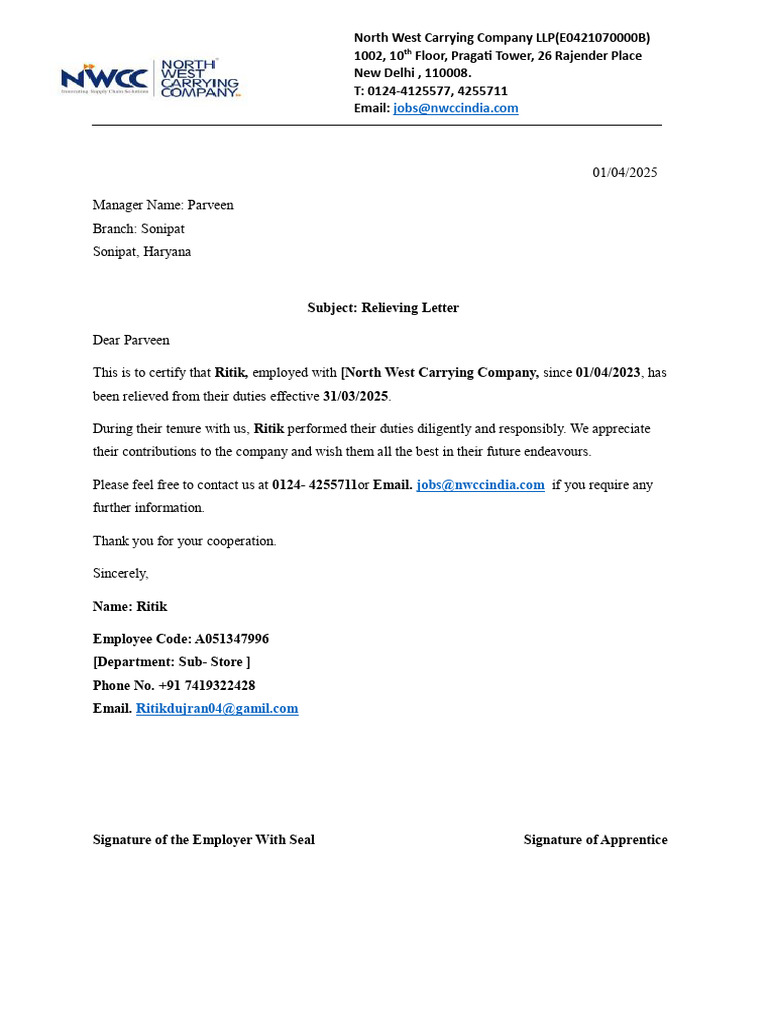 Relieving Letter for Ritik | PDF