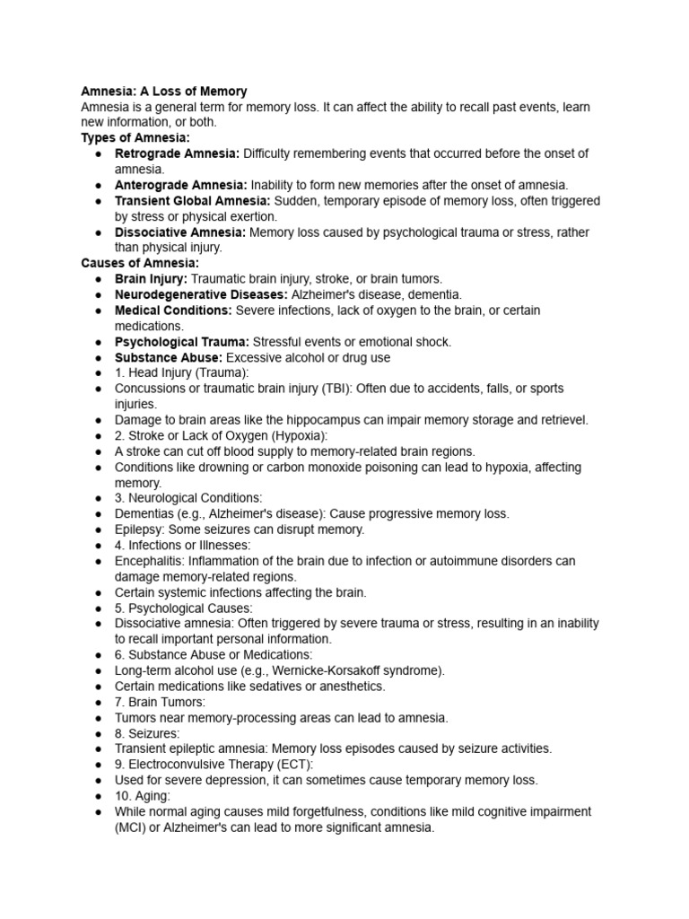 Understanding Amnesia: Types and Causes | PDF | Amnesia | Traumatic ...