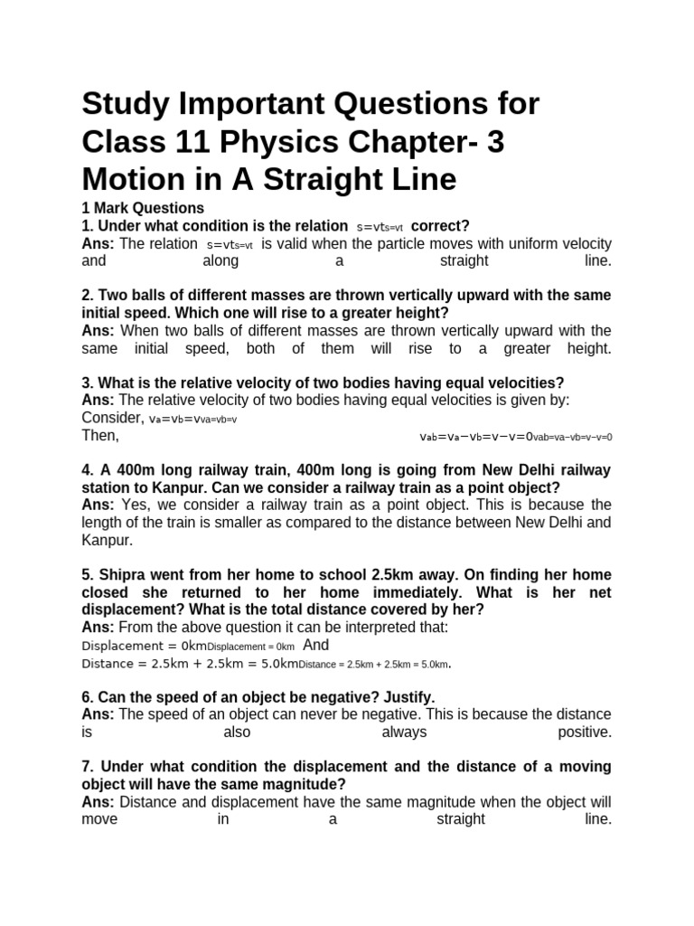 Study Important Questions For Class 11 Physics Chapter | PDF | Acceleration | Velocity