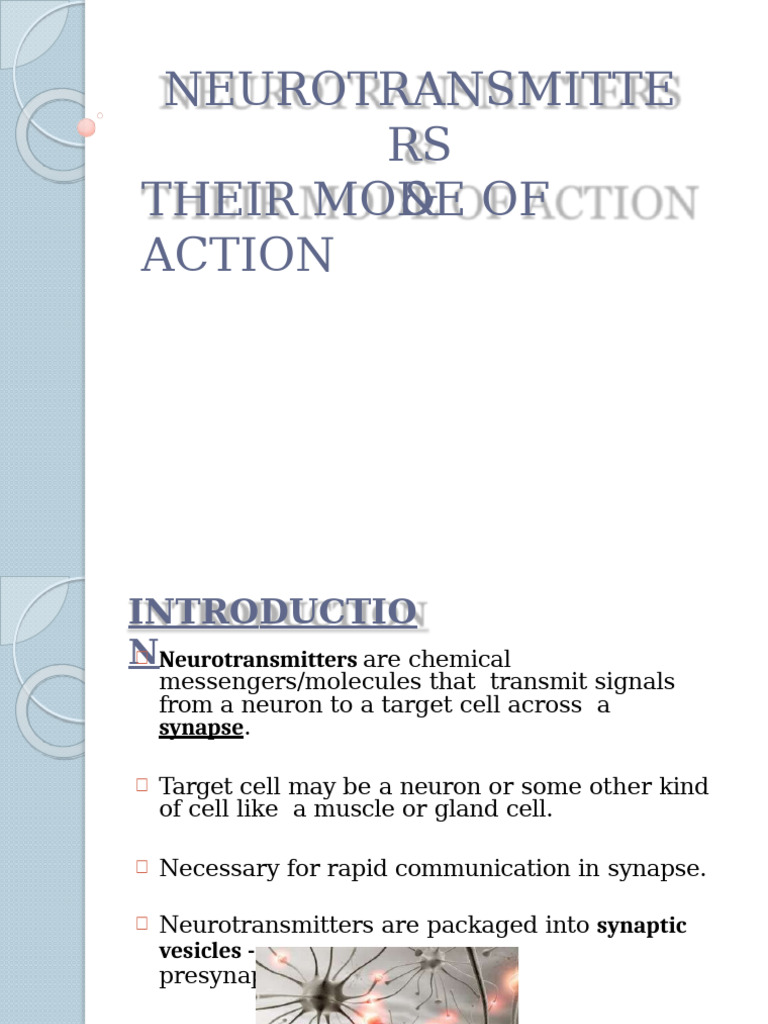 Neurotransmitters PPT | PDF | Chemical Synapse | Neurotransmitter