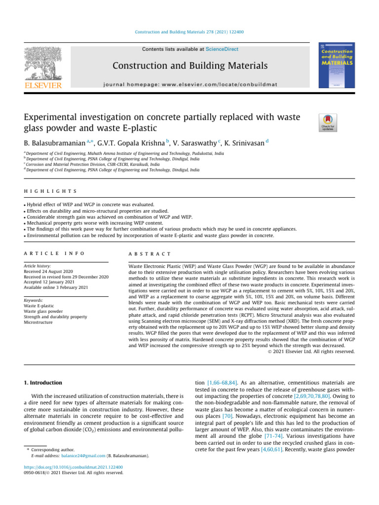 Bala Subramanian 2021 | PDF | Concrete | Cement