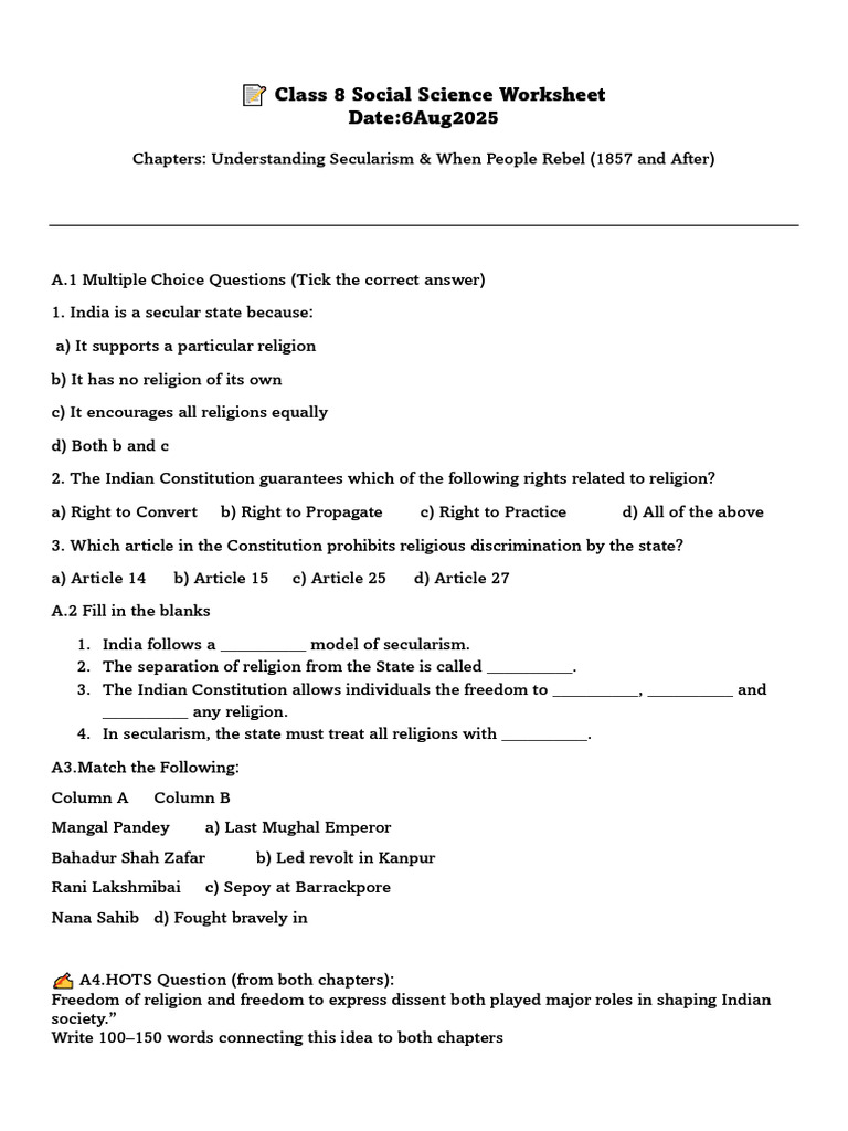Worksheet For 8class SST | PDF