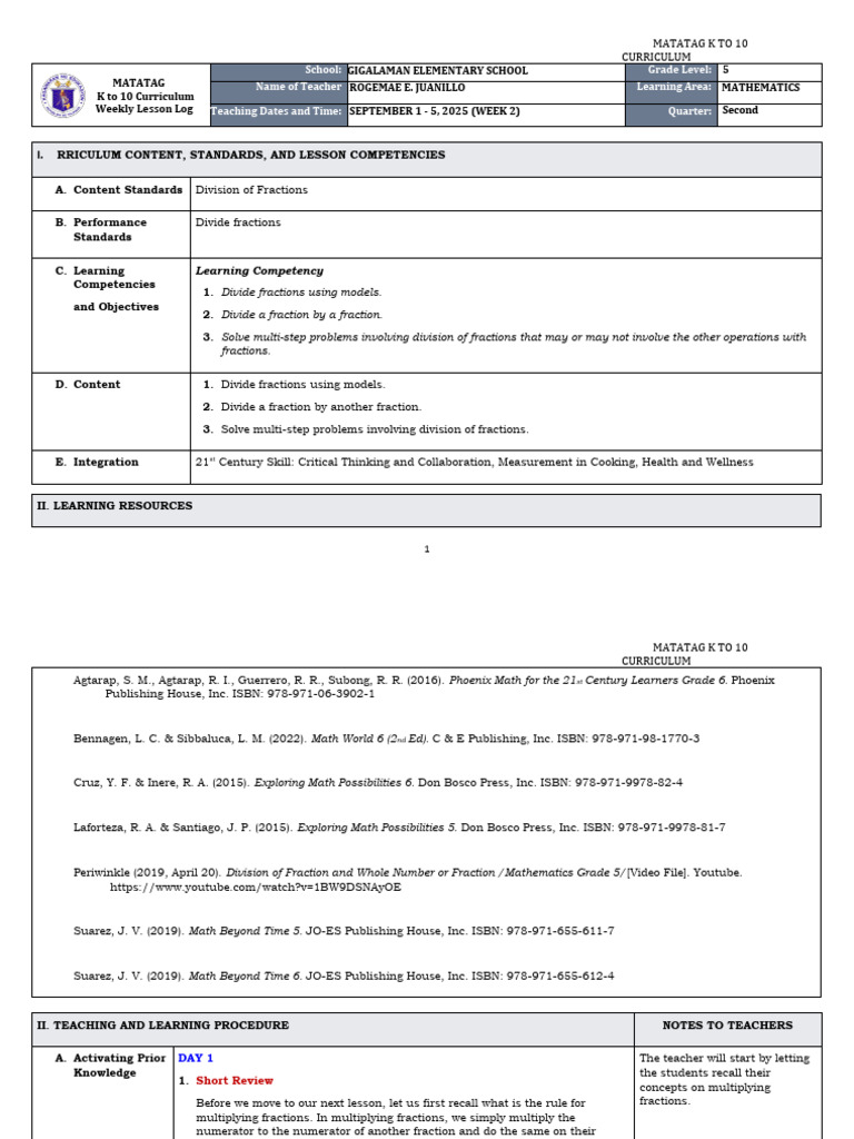 DLL Matatag - Mathematics 5 q2 w2 | PDF | Behavior Modification | Cognition