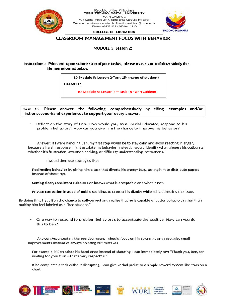 Module 5 - Lesson 2 - Task 15 - Marie Carmela Oclarit | PDF | Classroom ...