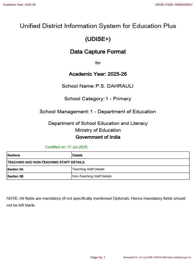 UDISE+ Staff Data 2025-26 for P.S. Dahrauli | PDF | Teachers | Academic ...