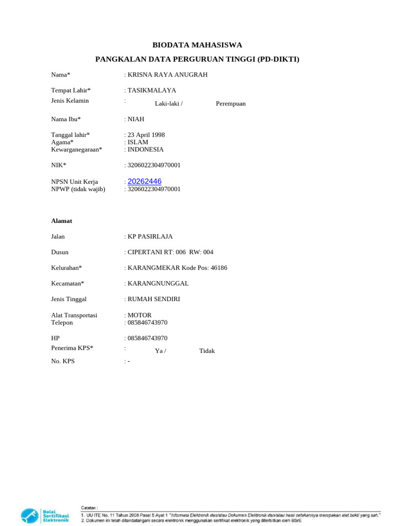 Format Biodata Mahasiswa | PDF