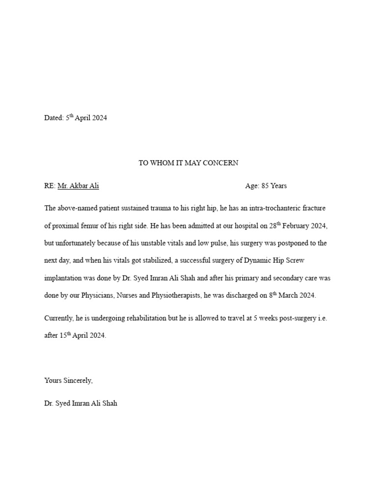 Mr. Akbar Ali's Hip Surgery Report | PDF