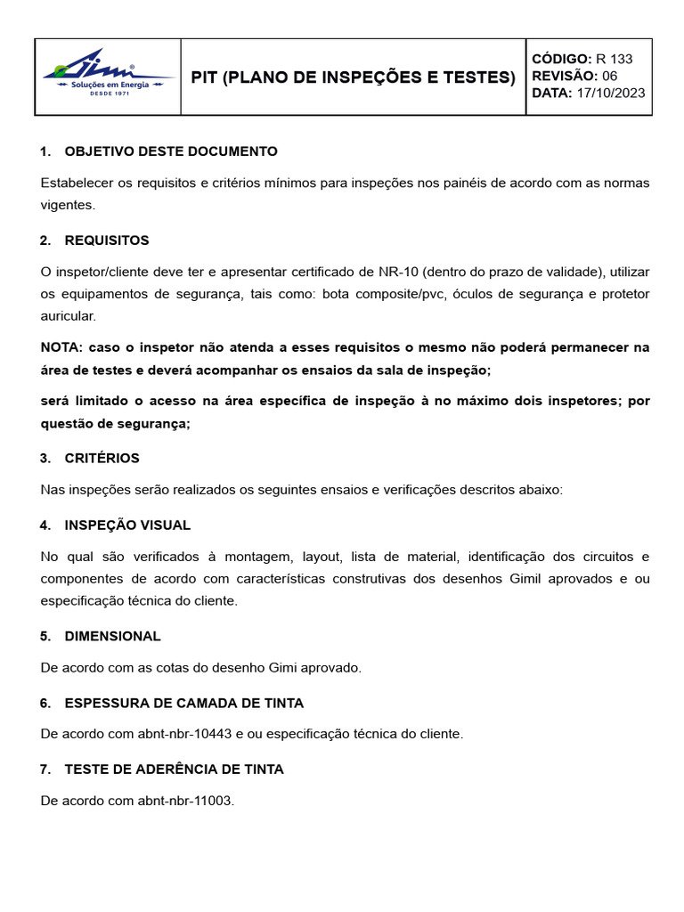 R 133 - Pit Plano de Inspeções e Testes | PDF | Tinta | Eletricidade
