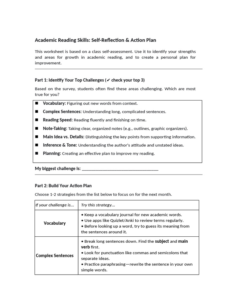 Academic Reading Skills Worksheet | PDF | Cognition | Human Communication