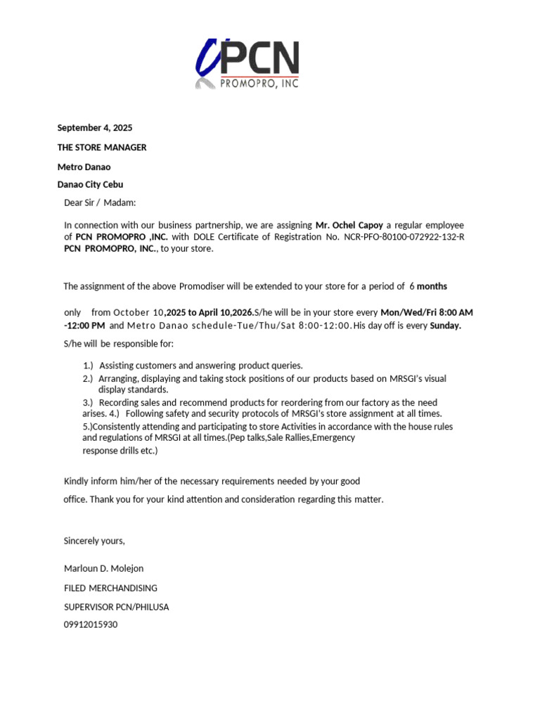 Assignment of Promodiser to Metro Danao | PDF