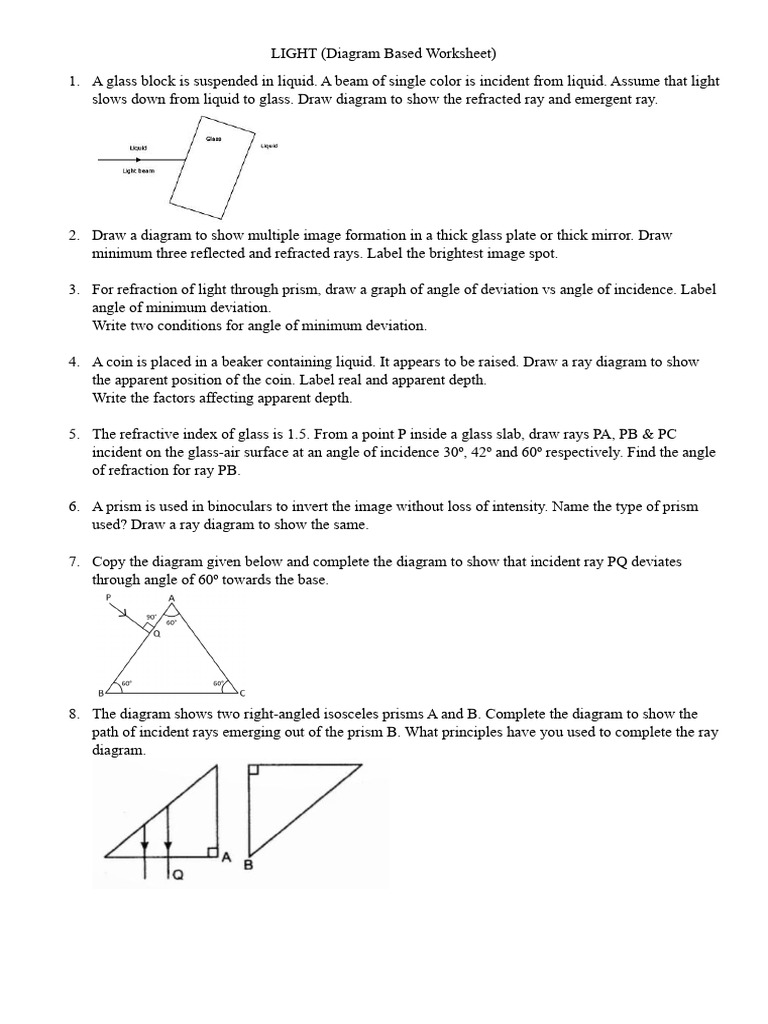 Revision 1-Light-Diagram Based Worksheet | PDF | Refraction | Applied And Interdisciplinary Physics