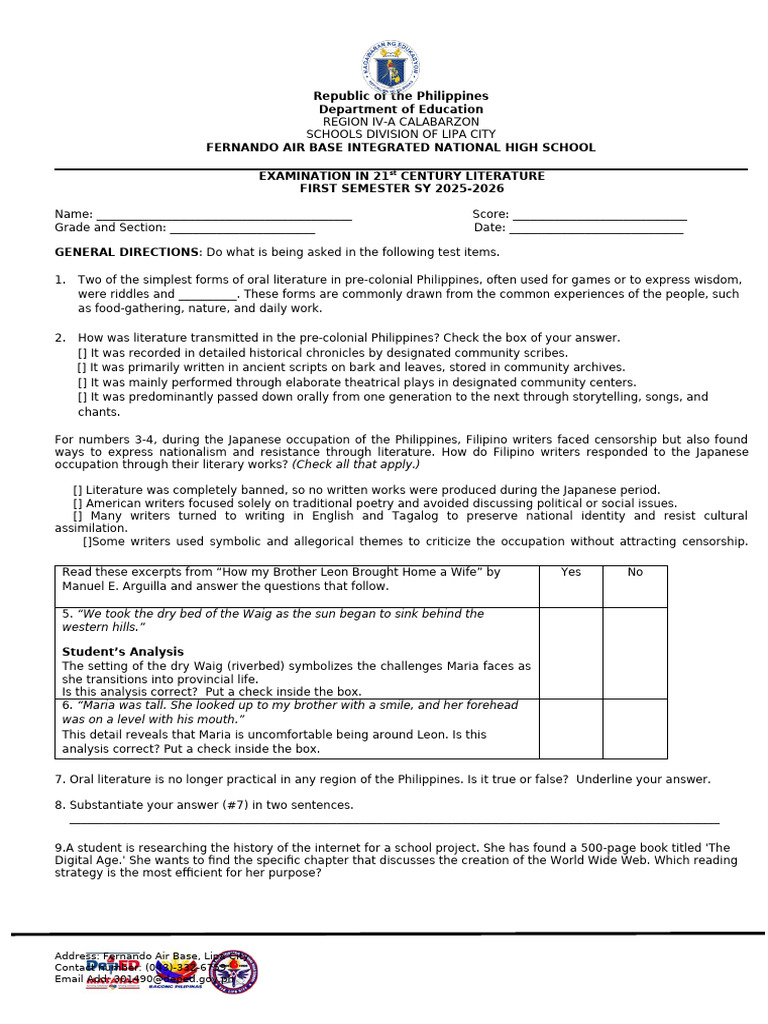 21st Century Literature Exam Guide | PDF | Gender Role | Gender