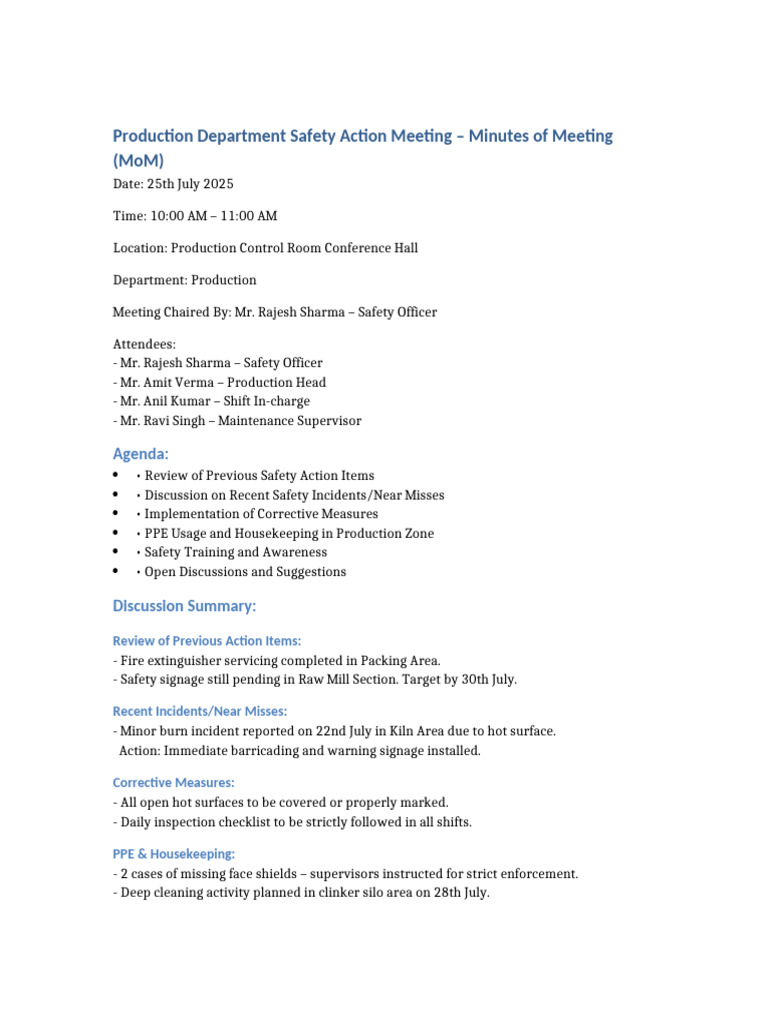 Production Safety Action Meeting Minutes | PDF | Safety