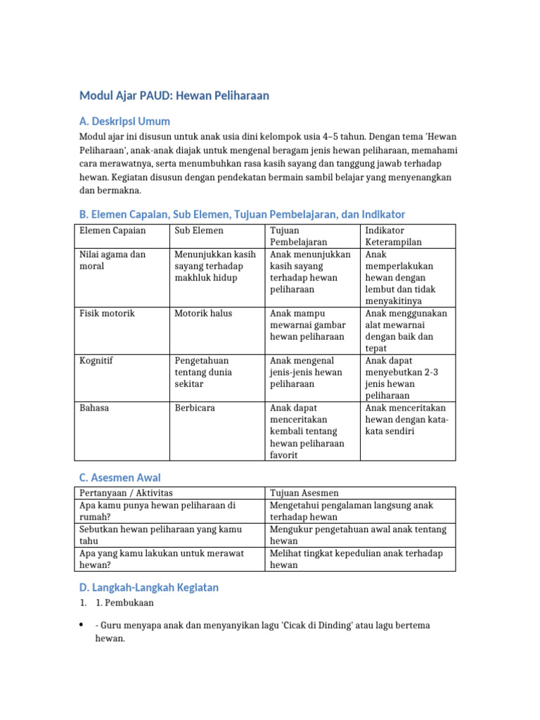 Modul PAUD: Belajar Hewan Peliharaan | PDF