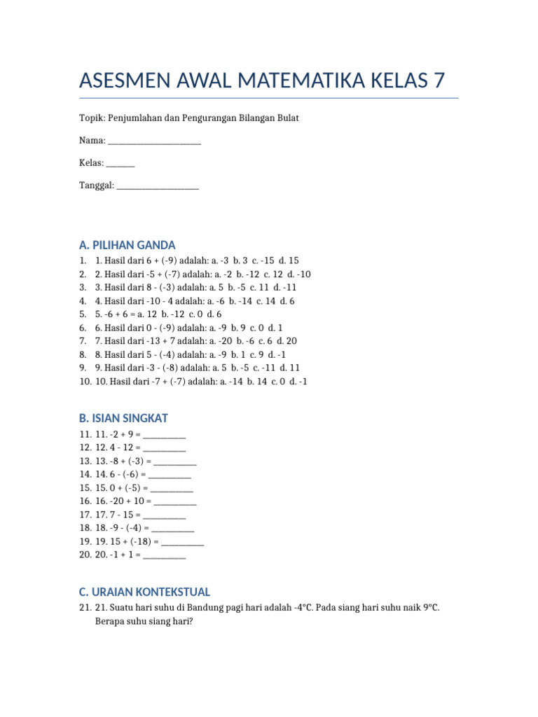 Asesmen Matematika Kelas 7: Bilangan Bulat | PDF