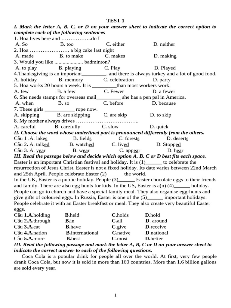 English Grammar and Comprehension Test | PDF | Coca Cola