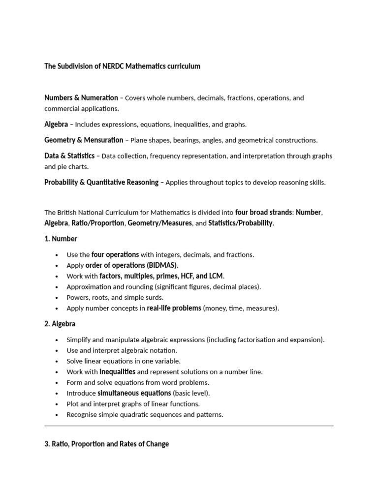 The Subdivision of NERDC Mathematics Curriculum | PDF | Algebra | Numbers
