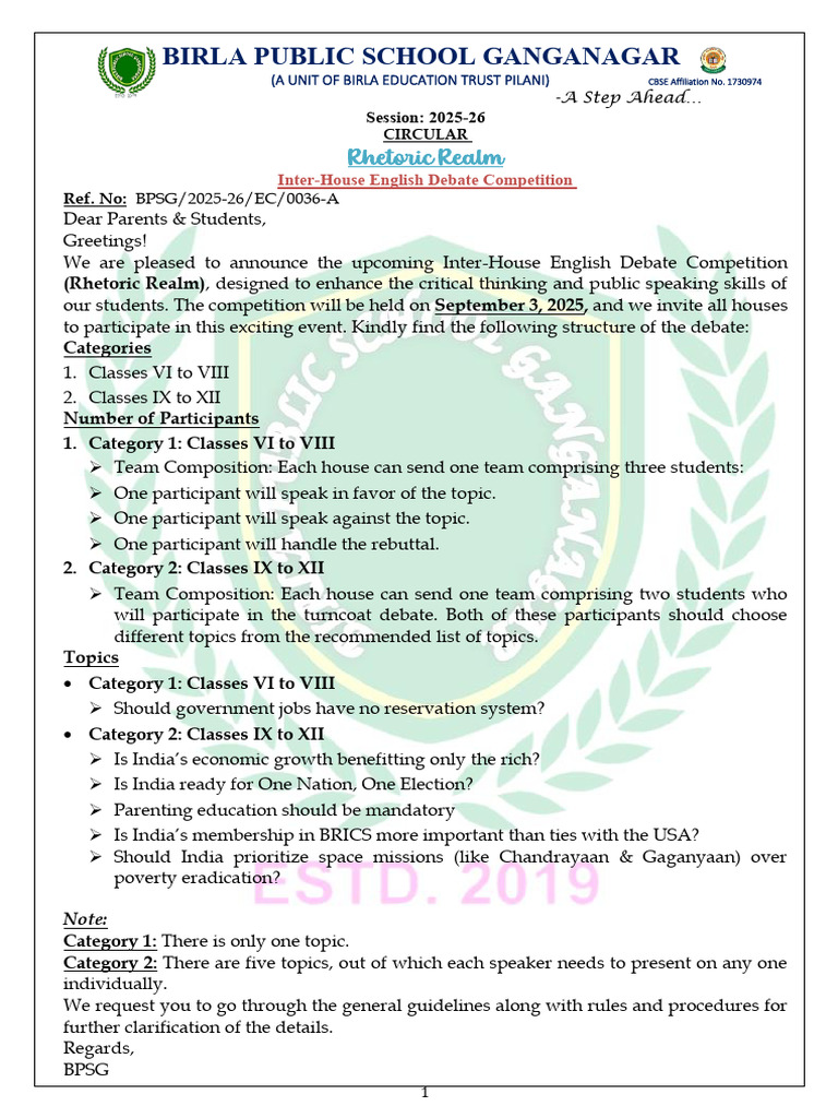 Inter-House English Debate Competition (Circular) | PDF