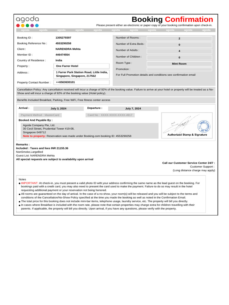 Confirmation For Booking ID # 1305279397 | PDF | Credit Card | Payments
